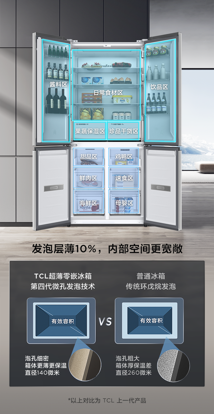 TCL十字四门冰箱 R455T9-UQ-超薄零嵌 | TCL官网